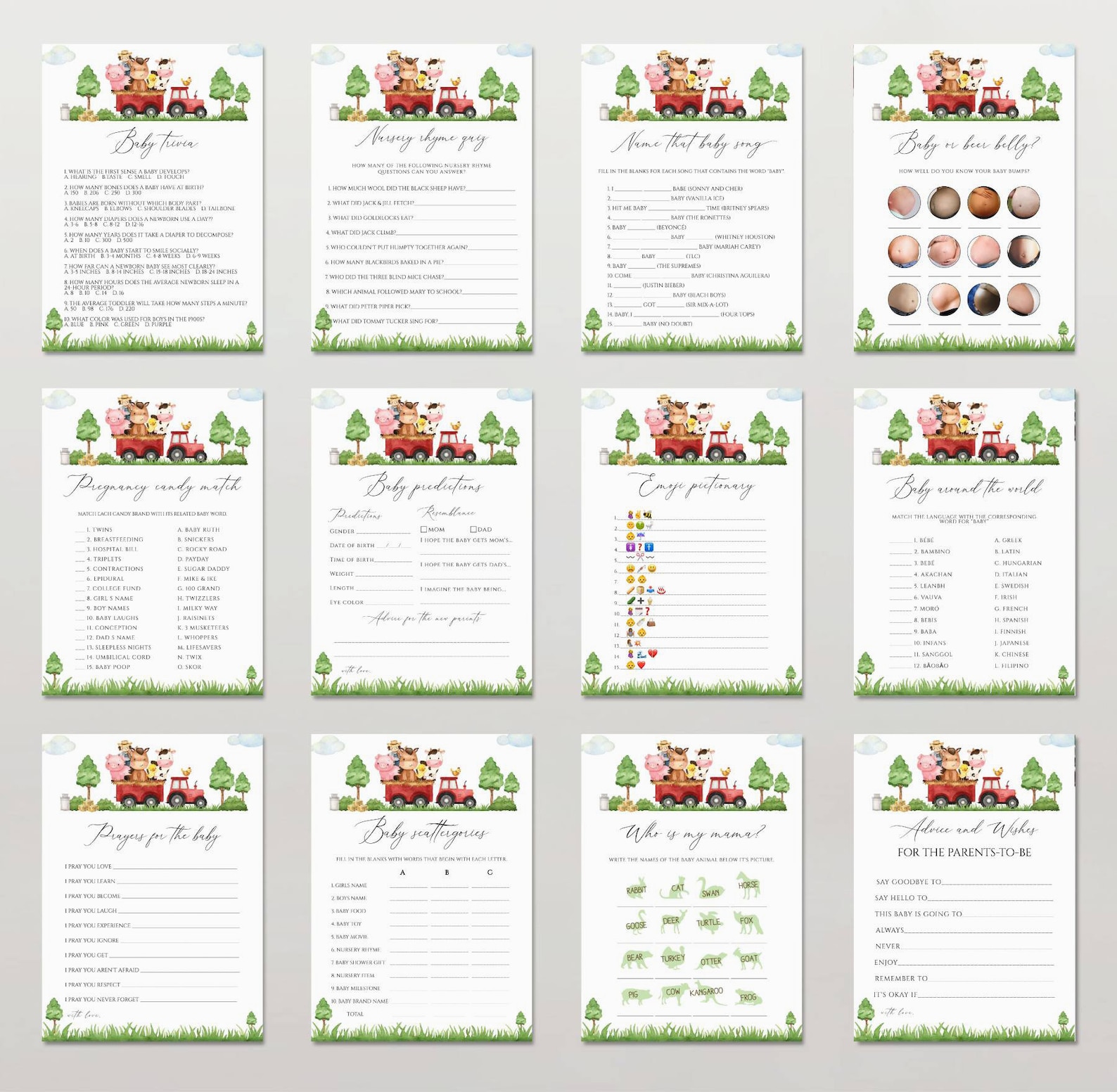 Farm Animal Baby Shower Games Bundle Editable Baby Shower | Etsy