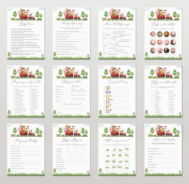 Farm Animal Baby Shower Games Bundle Editable Baby Shower | Etsy