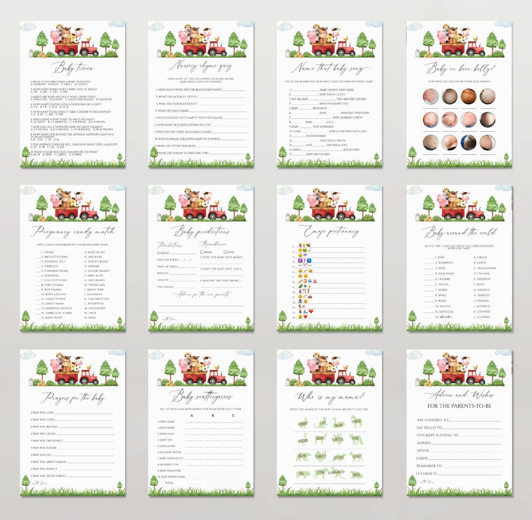 Farm Animal Baby Shower Games Bundle, Editable Baby Shower Games ...