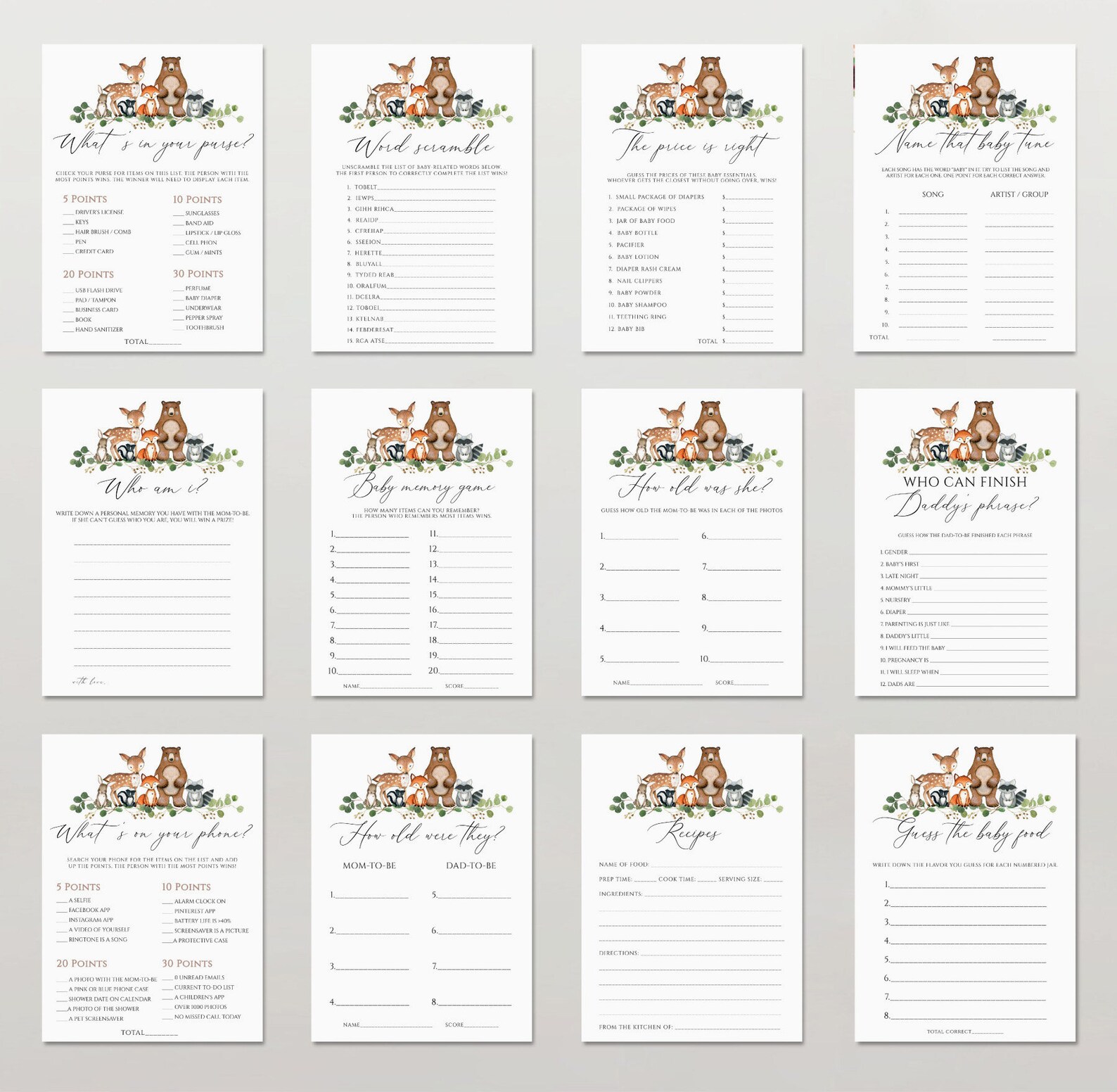 Woodland Baby Shower Games Printable Editable Baby Shower | Etsy