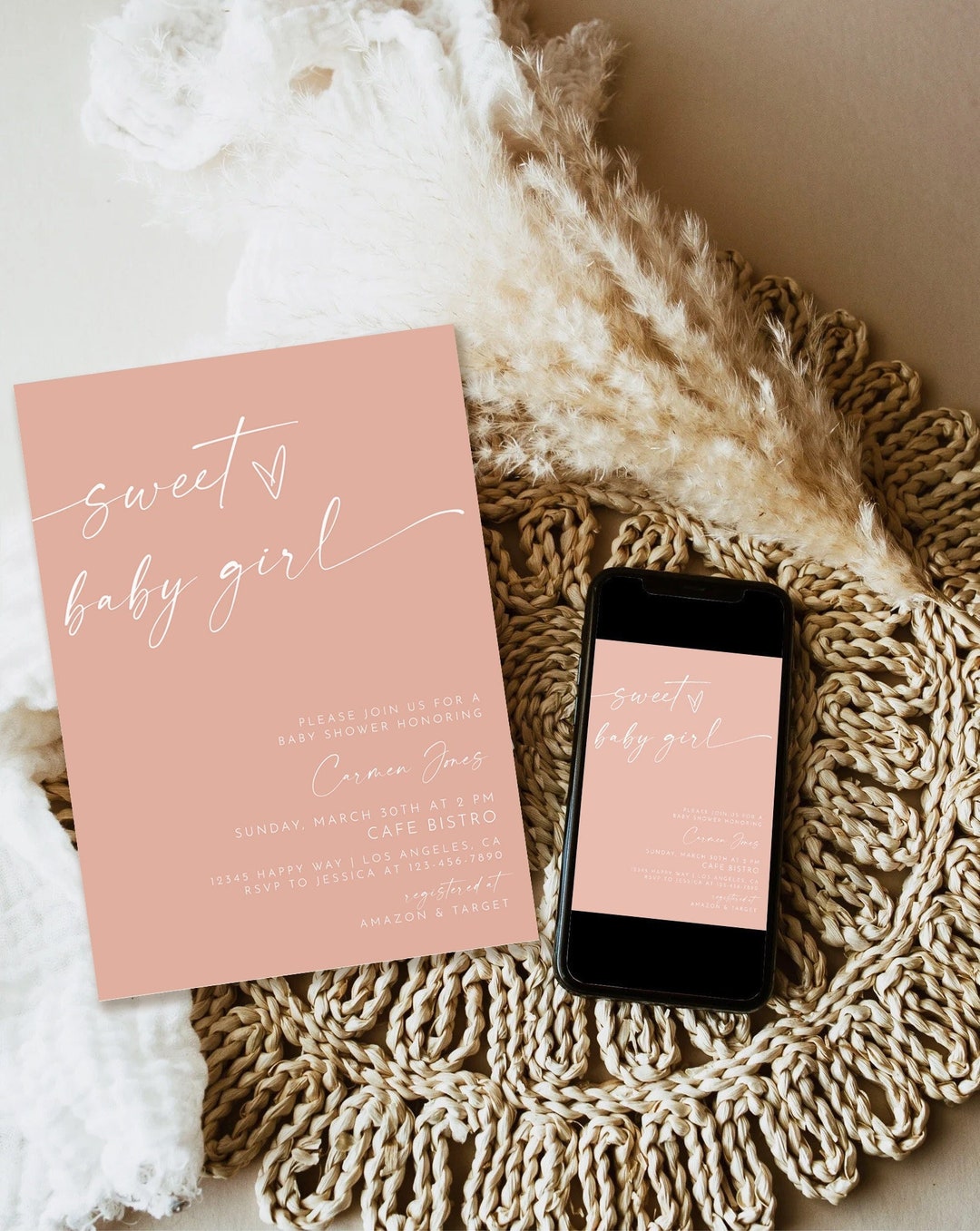 Boho Minimalist Baby Shower Invitation, Dusty Pink Girl Baby Shower ...
