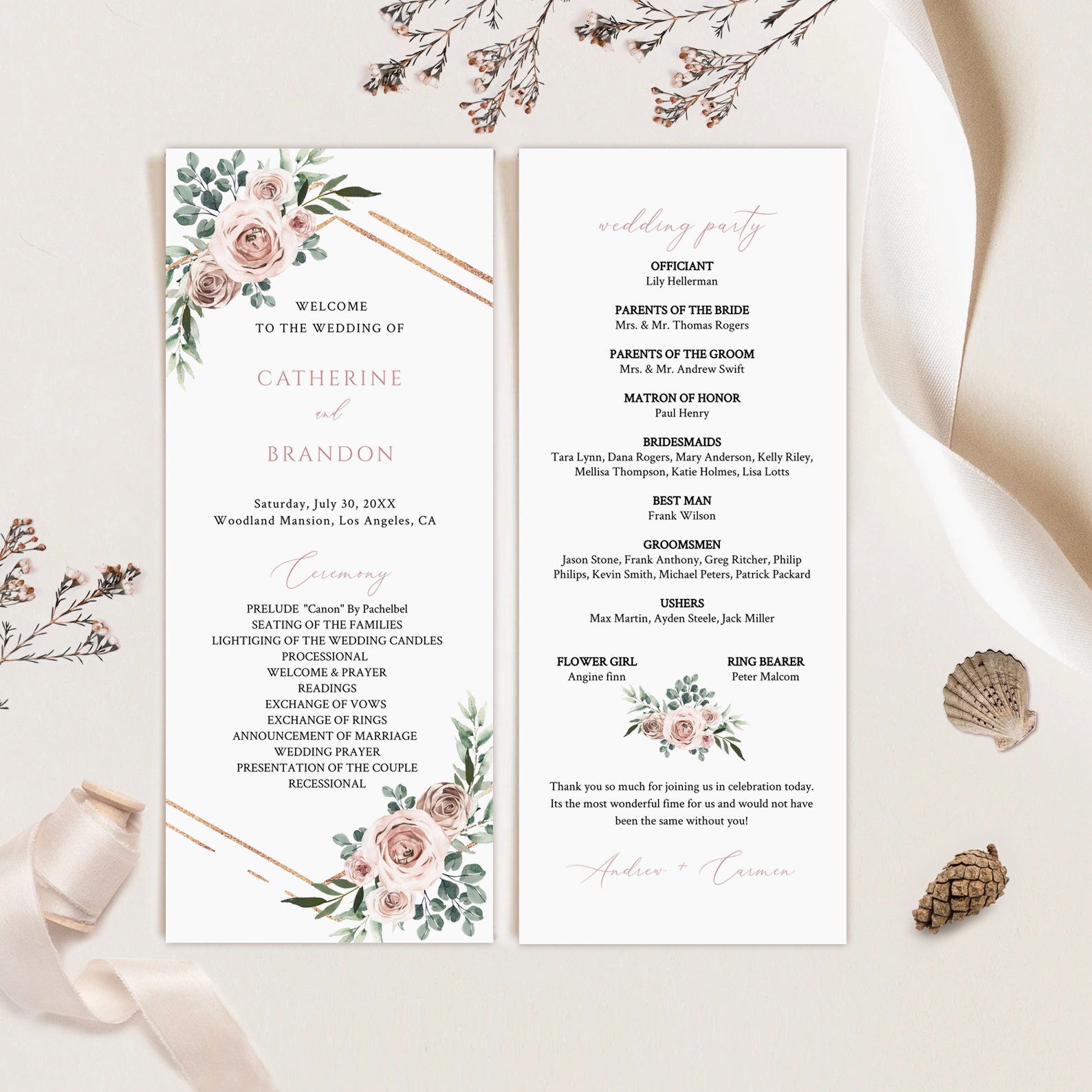 Wedding Program Template Dusky Pink Floral Wedding Program | Etsy