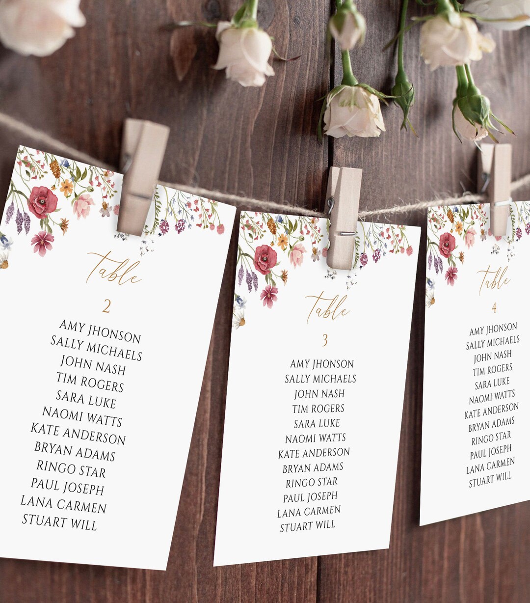 Wildflower Floral Seating Chart Card Template, Boho Wedding Seating ...