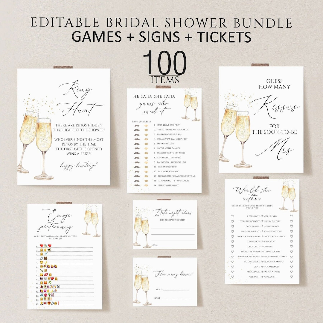 Champagne Bridal Shower Games, Boho Wedding, 100 Items (editable ...