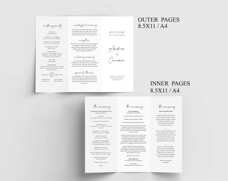 Minimalist Trifold Wedding Program Template Folded Boho | Etsy