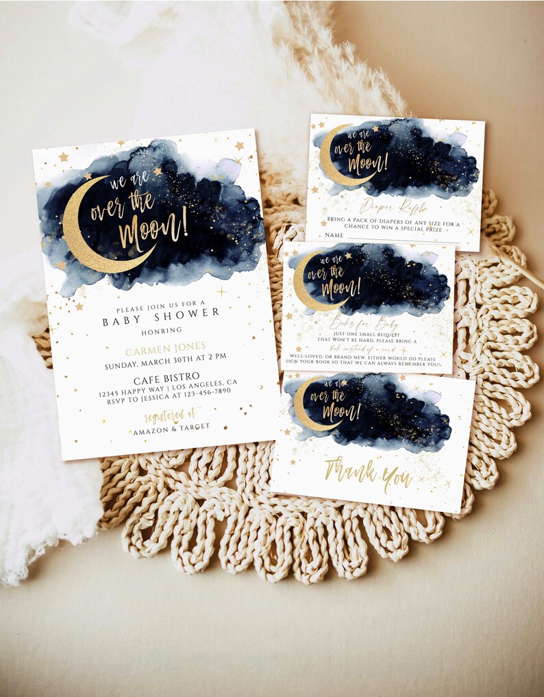 Editable Over the Moon Baby Shower Invitation Template Blue - Etsy