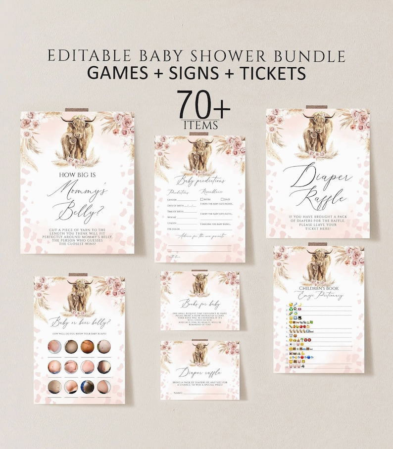 Editable Highland Cow Baby Shower Game Bundle, Pink Pampas Grass ...