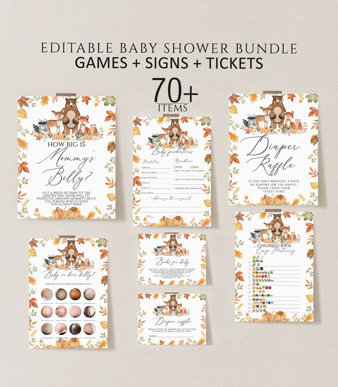 Editable Fall Woodland Baby Shower Games Bundle, Fall Pumpkin Baby ...