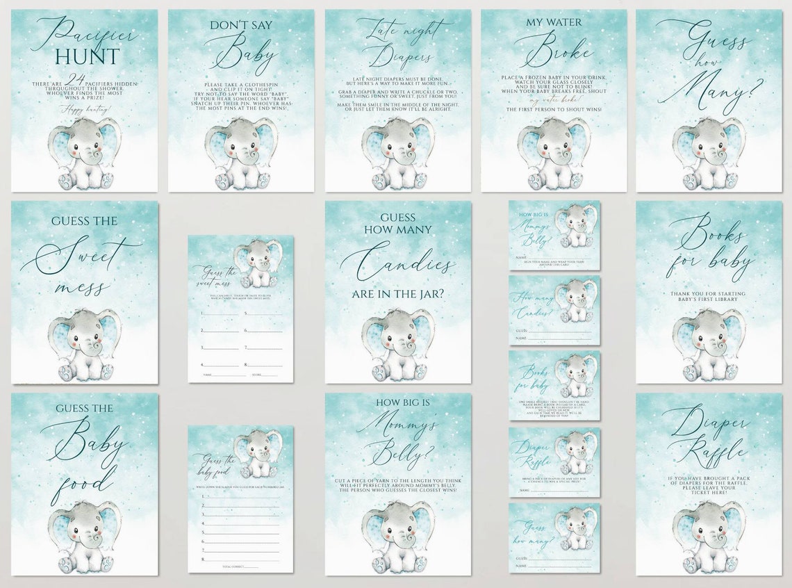 Blue Elephant Baby Shower Game Package, Printable Elephant Baby Shower ...