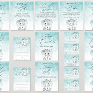 Blue Elephant Baby Shower Game Package, Printable Elephant Baby Shower ...