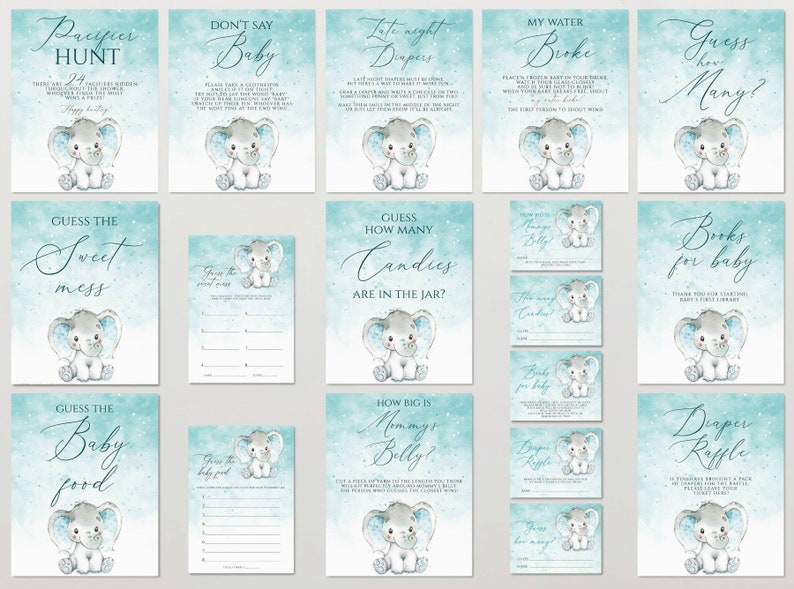Blue Elephant Baby Shower Game Package Printable Elephant | Etsy
