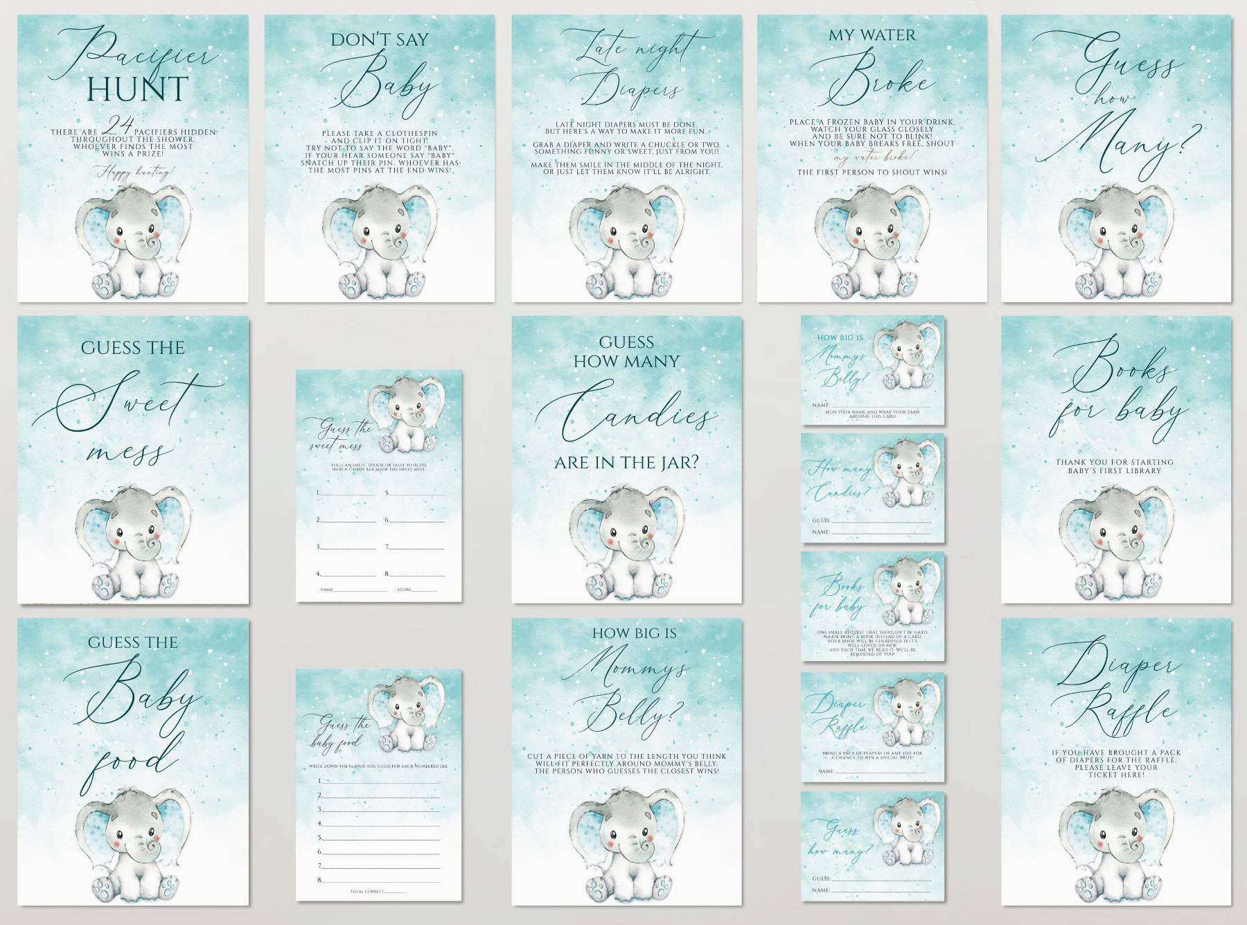 Blue Elephant Baby Shower Game Package, Printable Elephant Baby Shower ...