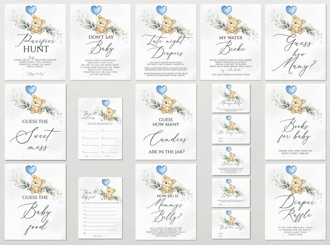 Teddy Bear Baby Shower Games Printable, Editable Baby Shower Games ...