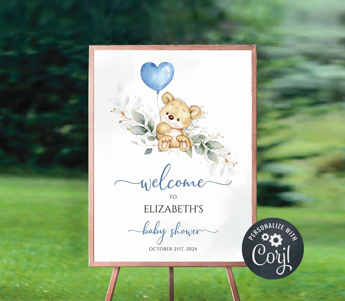 Editable Blue Teddy Bear Baby Shower Welcome Sign Bear Themed - Etsy
