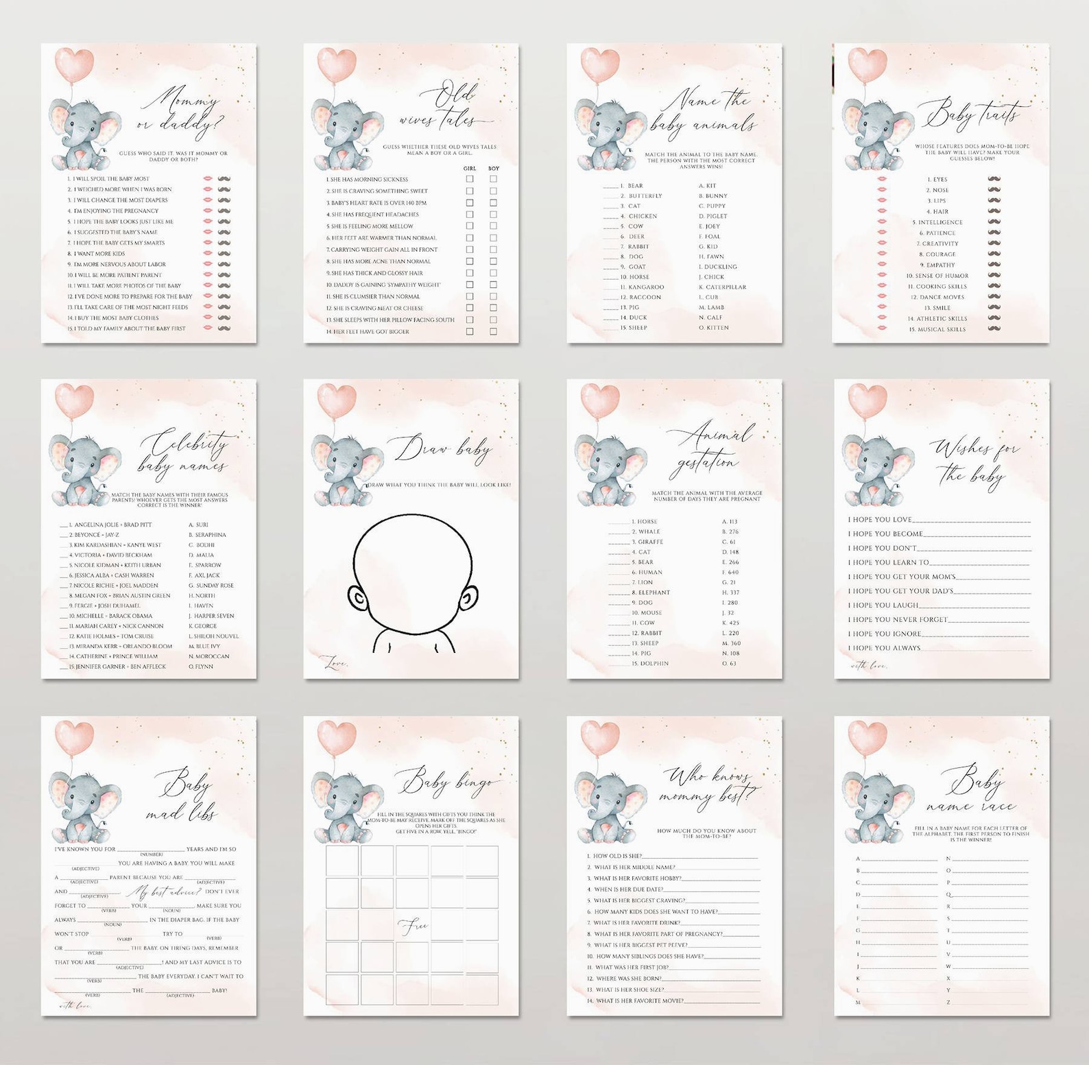 Elephant Baby Shower Games Bundle, Pink Girl Theme (digital Download ...