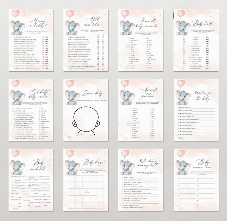 Elephant Baby Shower Games Printable Game Bundle Pink Elephant Girl ...
