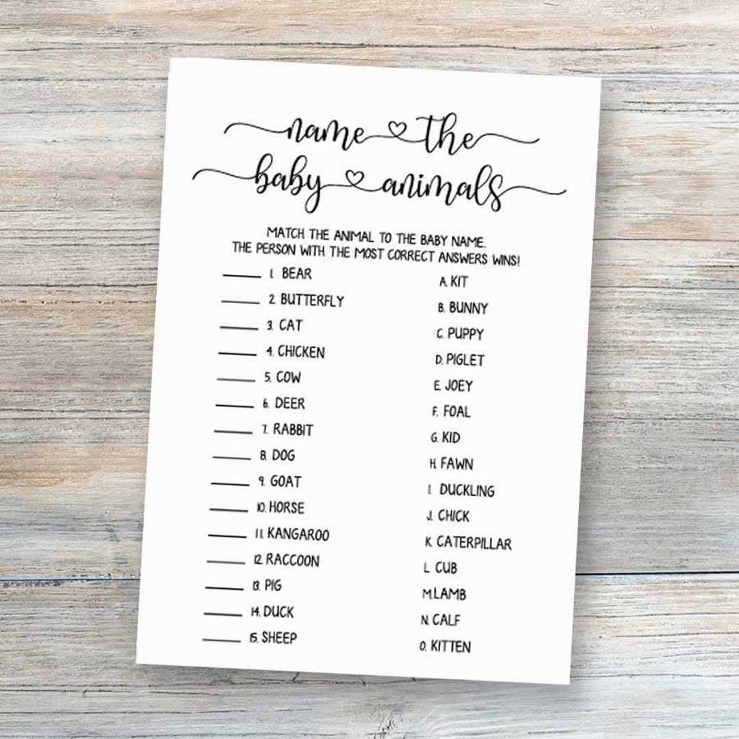Minimalist Baby Shower Games Name the Baby Animals Game - Etsy