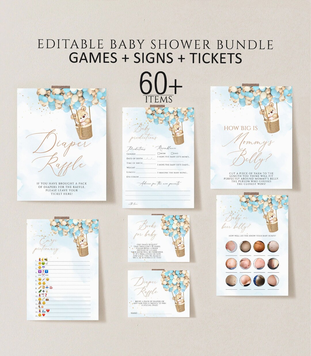 Teddy Bear Baby Shower Games, Boy Baby Shower Games Bundle, Blue ...