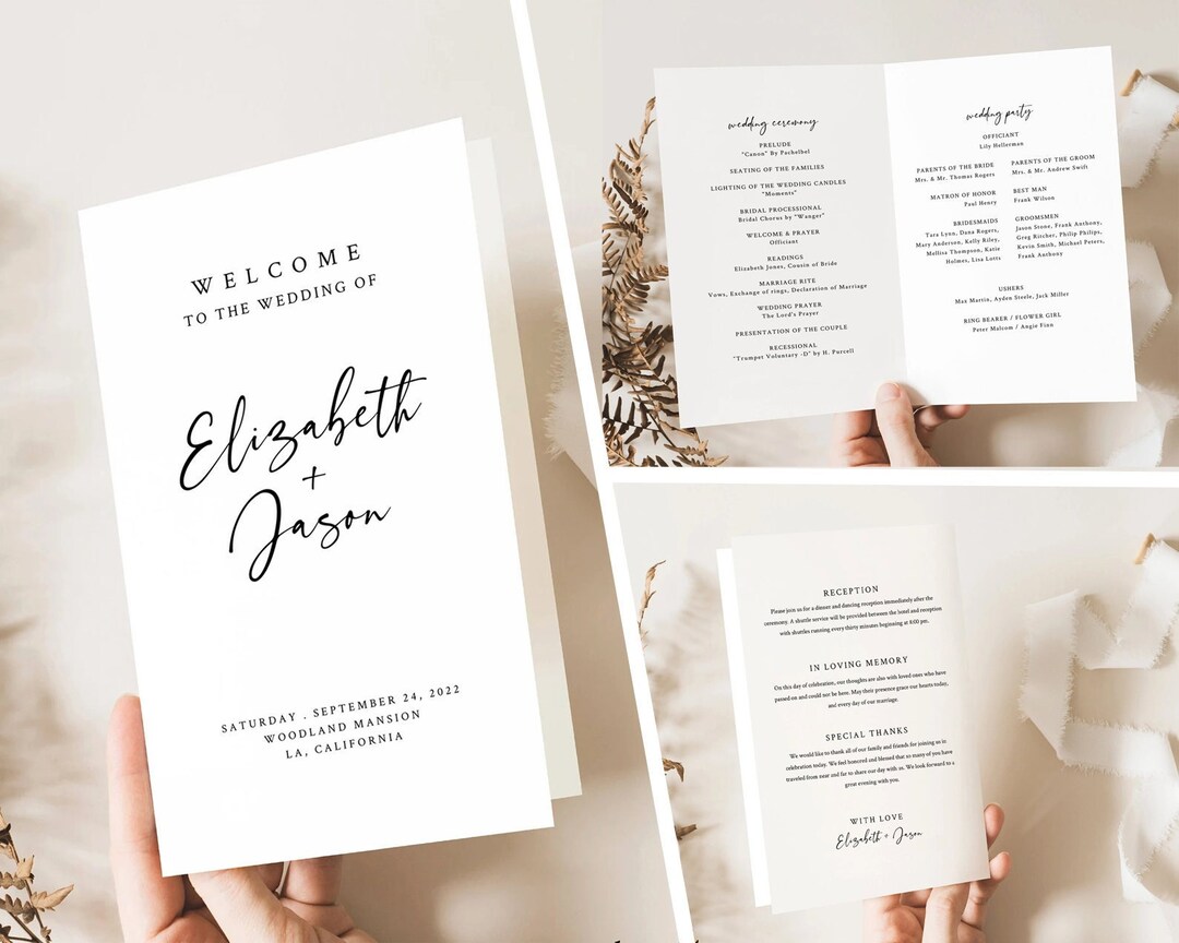 Modern Wedding Program Template Folded, Minimalist Foldable Wedding ...