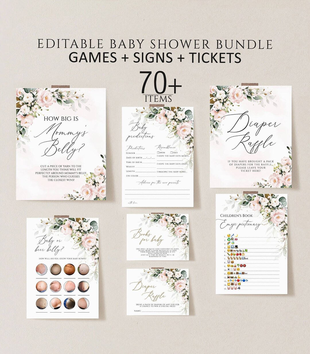 Blush Pink Floral Baby Shower Games Bundle, Boho Baby Shower Game ...