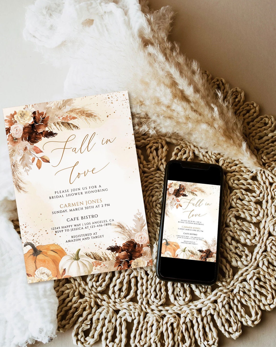 Fall Bridal Shower Invitation Printable, Fall in Love Invitation ...