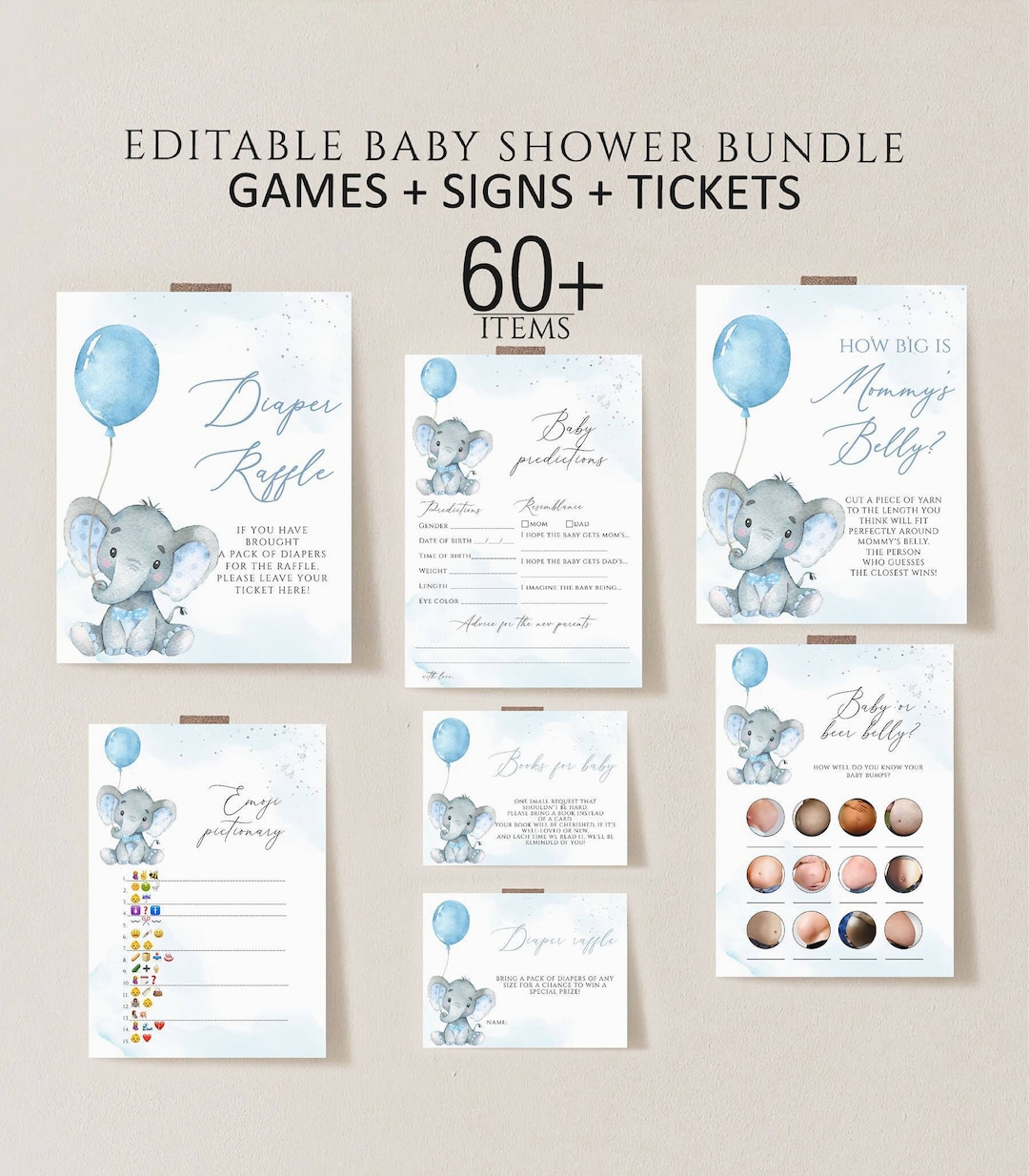 Elephant Baby Shower Games Bundle, Blue Elephant, Instant Download ...