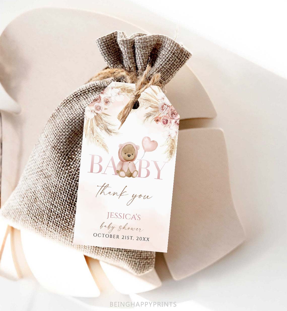 Pink Teddy Bear Baby Shower Favor Tag Template Pampas Grass | Etsy