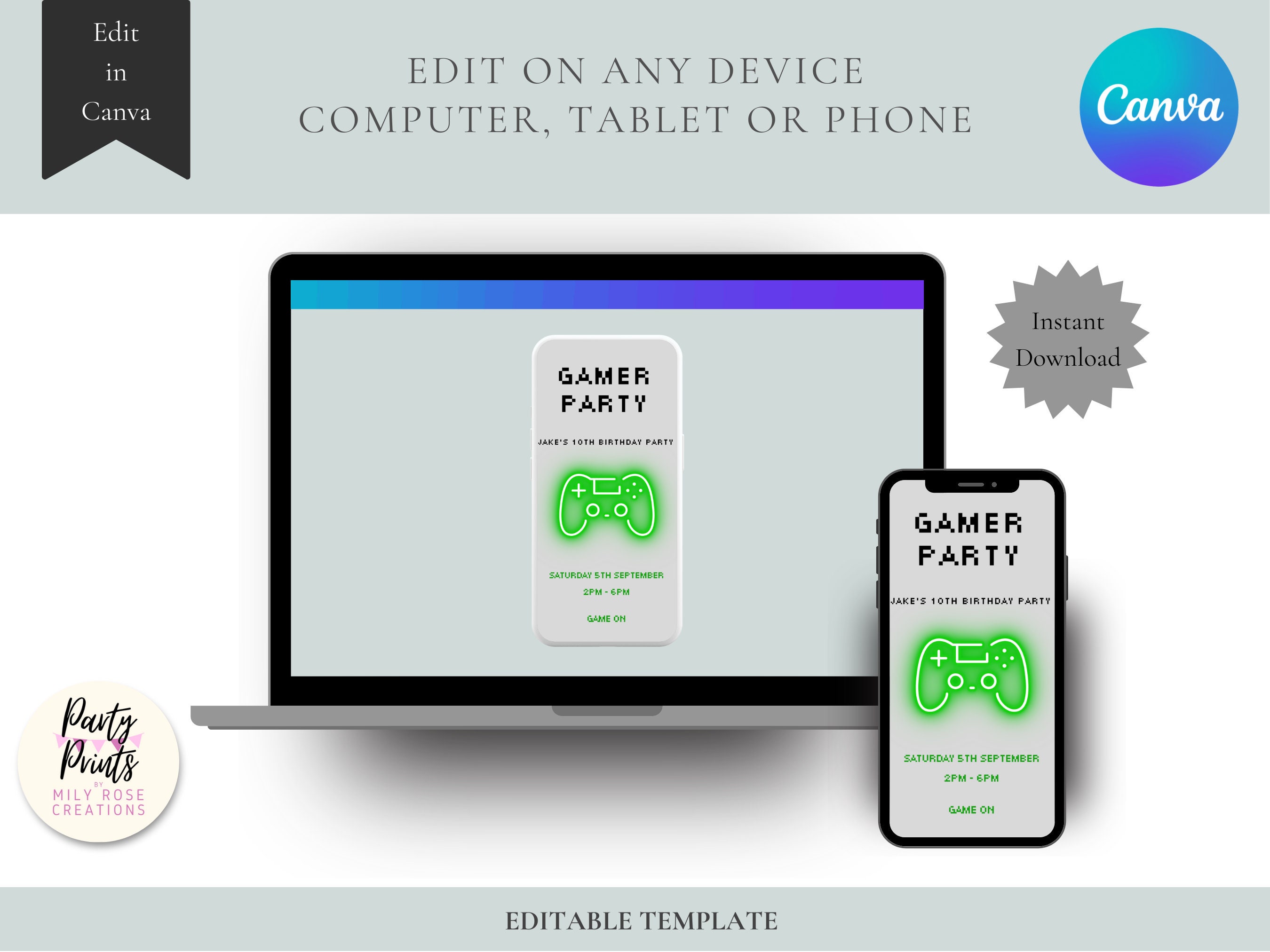 Evite Editable Template, Boys Birthday Party Invitation, Gamer Party ...