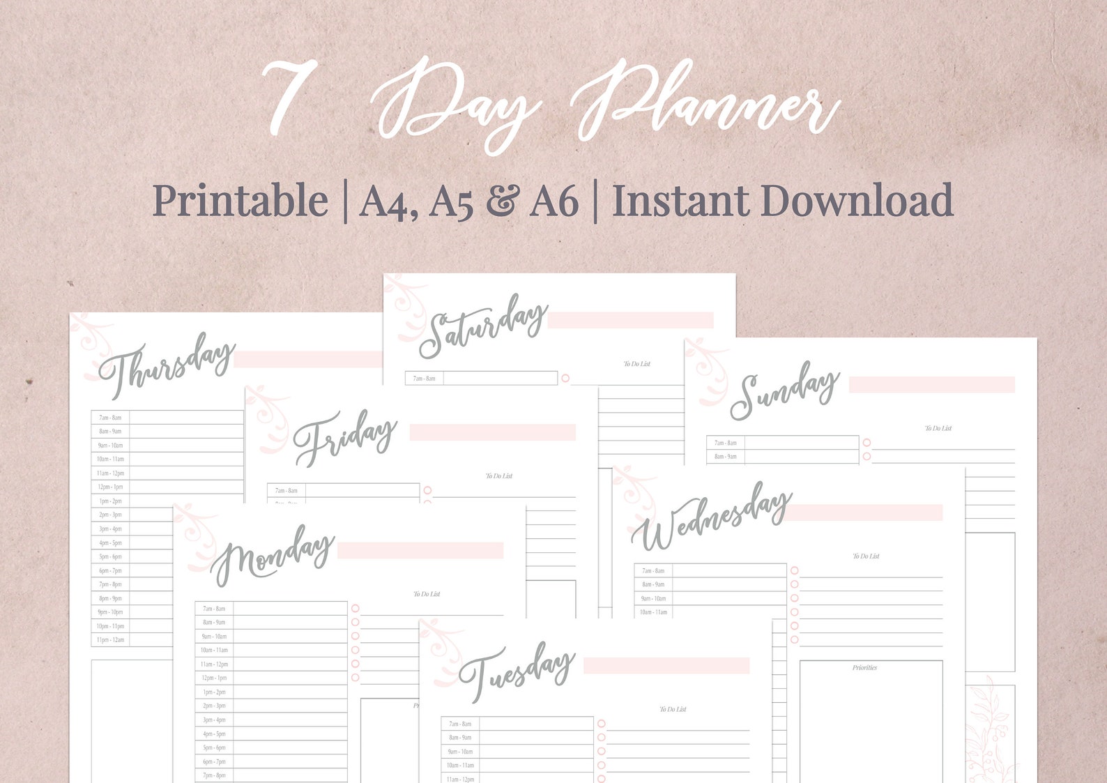 7 Day Planner Printable | Weekly Schedule | Weekly Organizer Printable ...