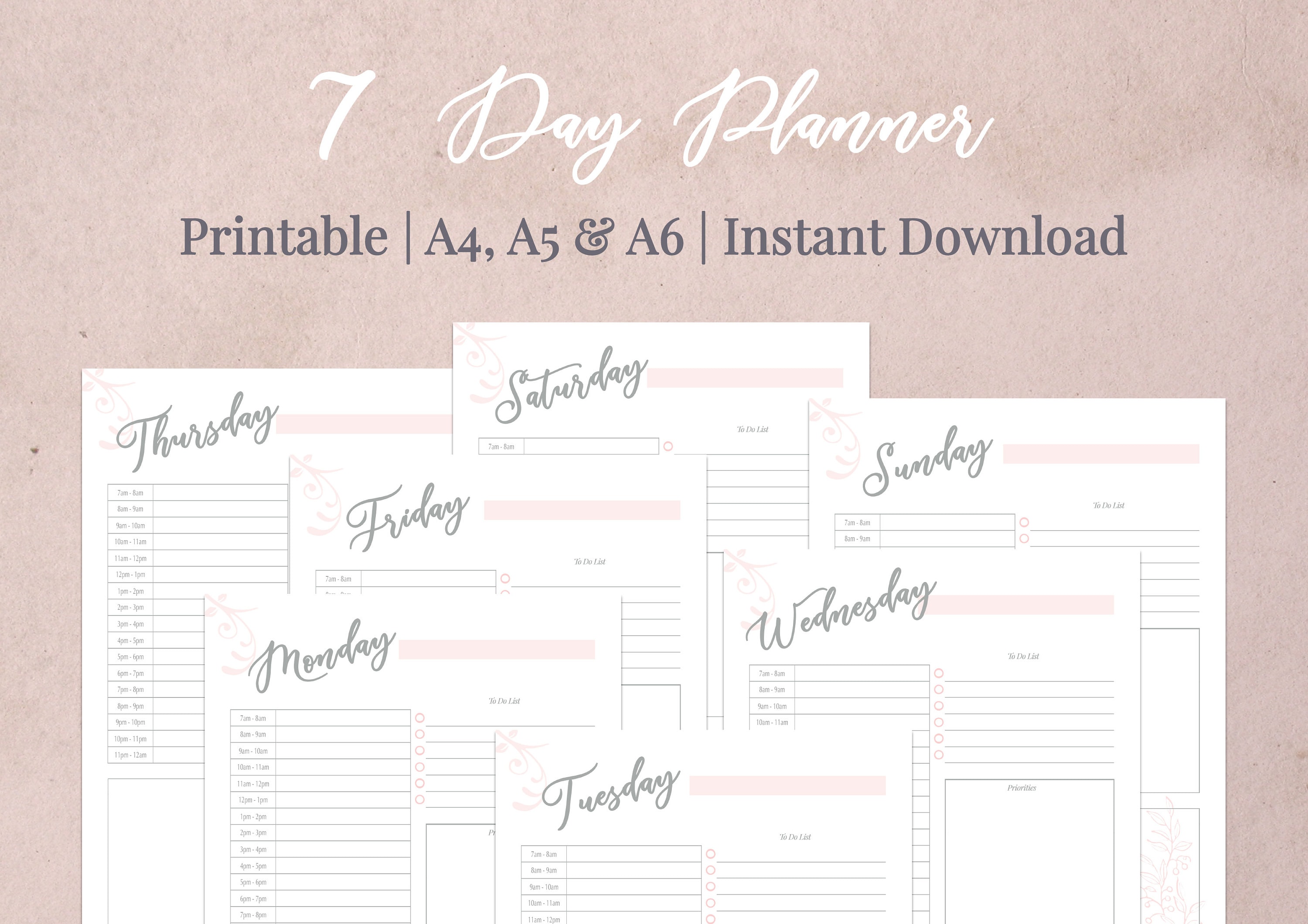7 Day Planner Printable Weekly Schedule Weekly Organizer Printable ...