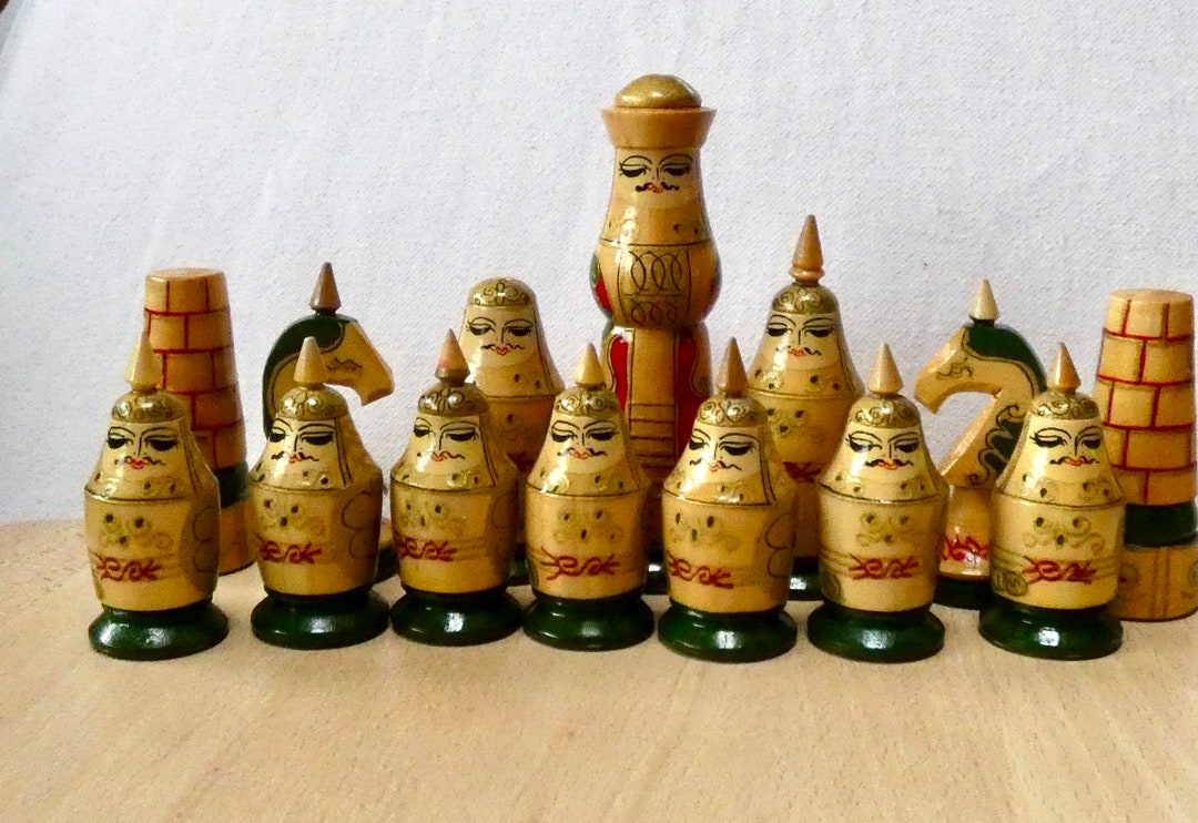 KHOKHLOMA Hand Painted Chess Pieces Vintage Wooden Lacquered Handmade ...