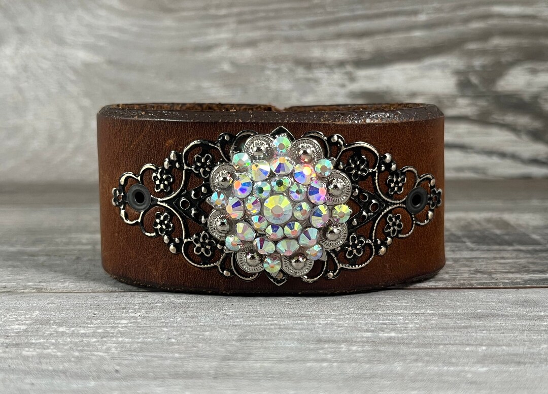 Brown Leather Cuff Bracelet With Rhinestone Concho - Recycled Belt Cuff ...