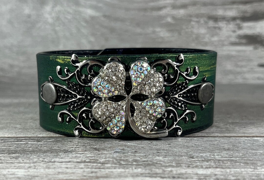 Bling Four Leaf Clover Leather Cuff Bracelet - Repurposed Belt Cuff ...