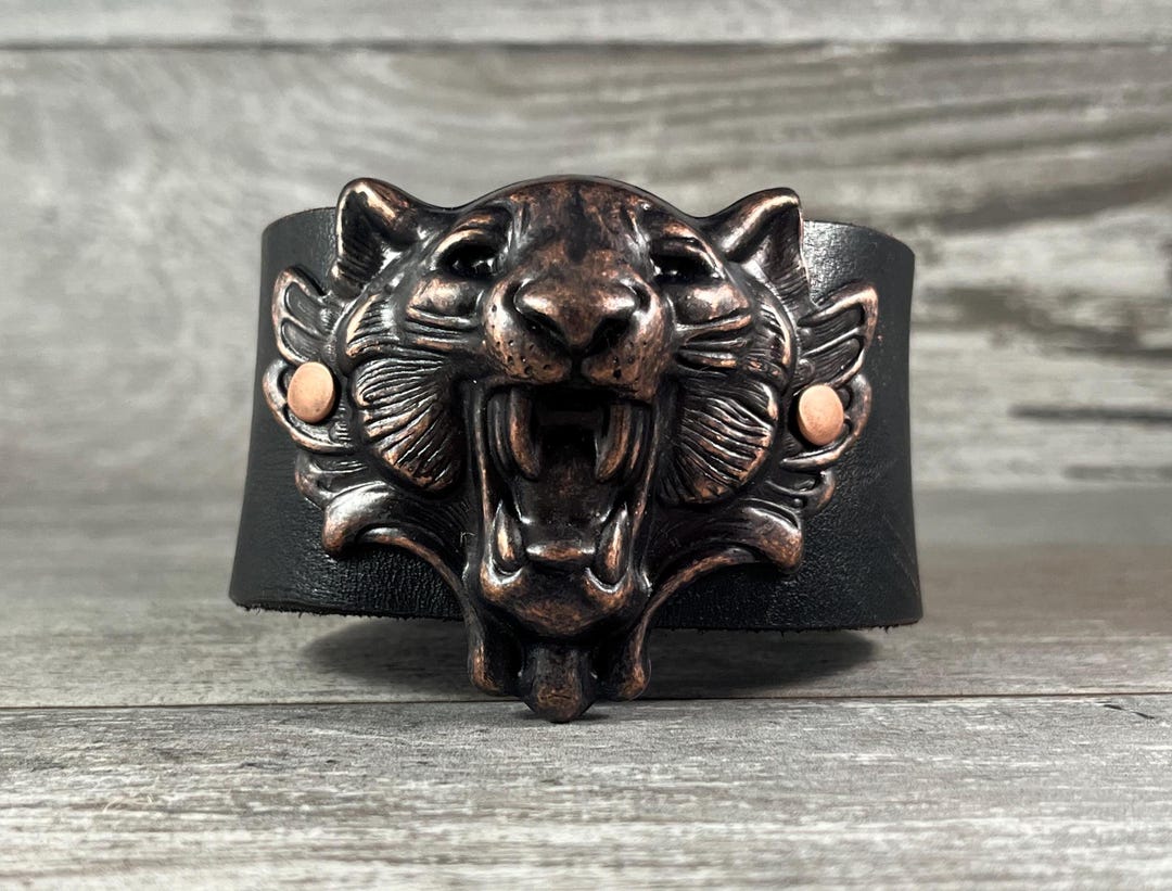 Roaring Tiger Head Leather Cuff Bracelet - Black Recycled Belt Cuff ...