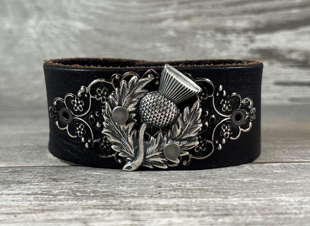 Scottish Thistle Leather Cuff Bracelet Distressed Black Recycled Belt ...