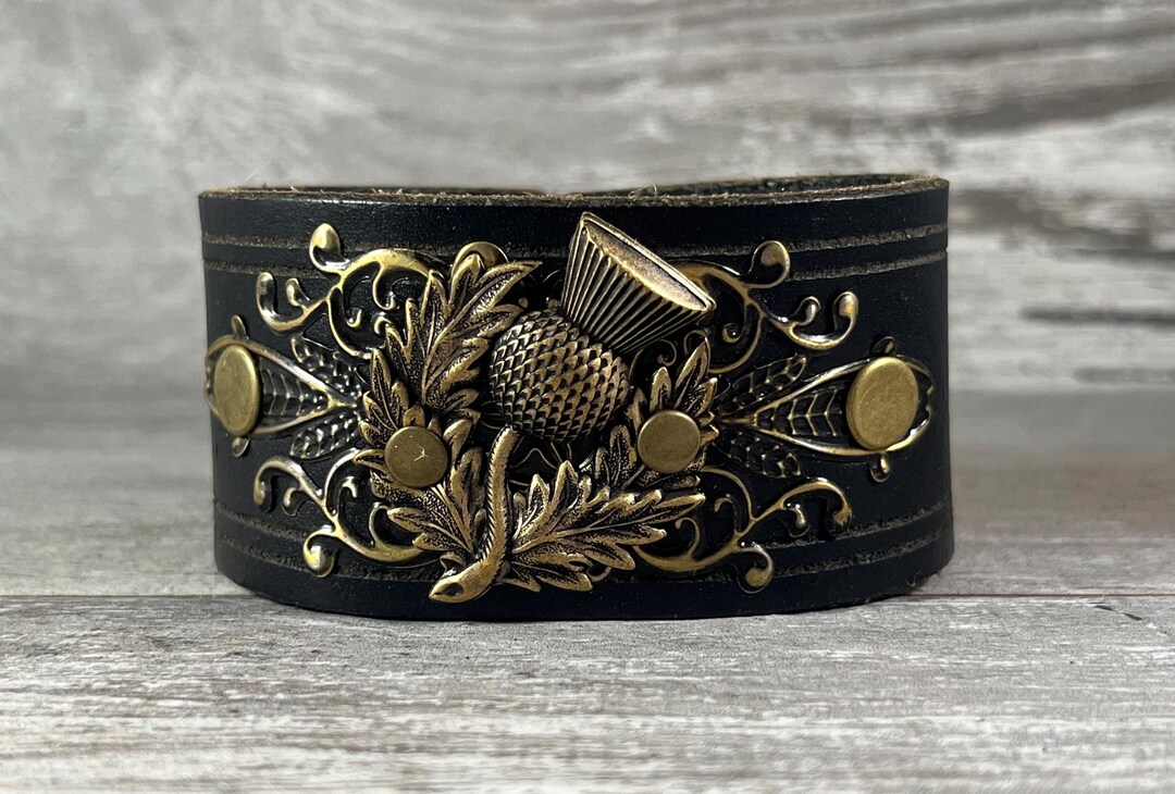 Scottish Thistle Leather Cuff Bracelet Distressed Black Recycled Belt ...