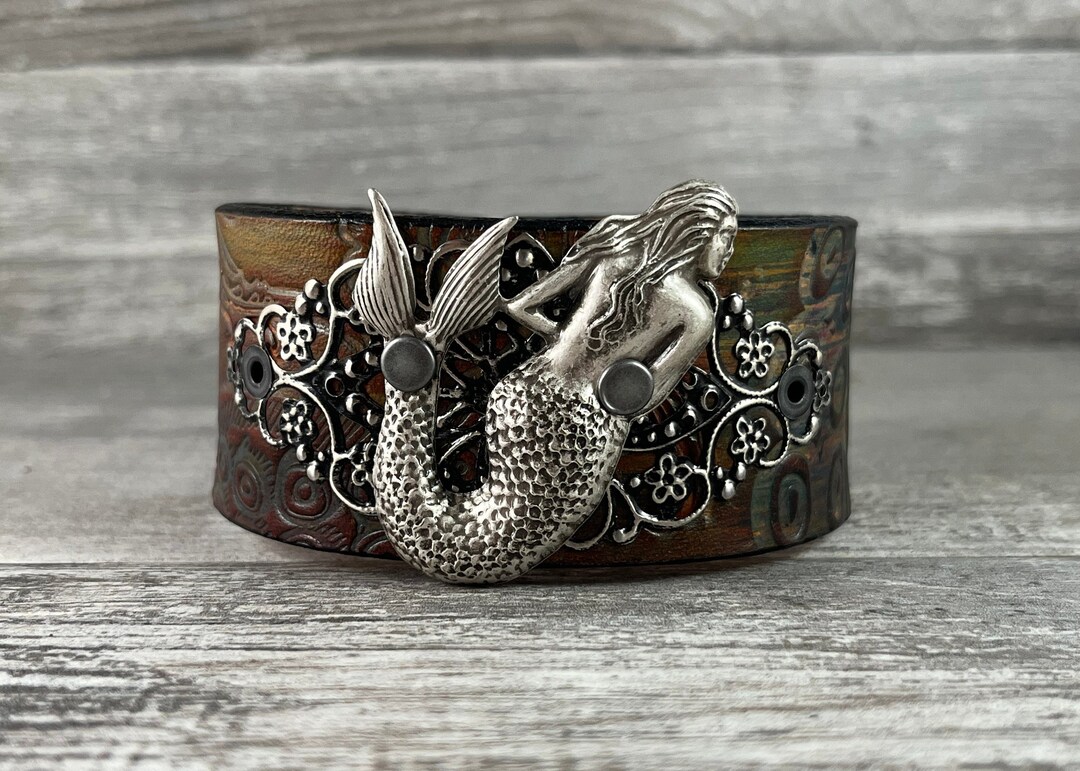 Mermaid Leather Cuff Bracelet - Hand Stamped and Hand Dyed One of a ...