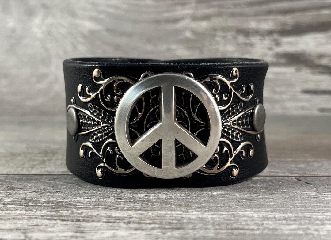 Peace Sign Leather Cuff Bracelet Distressed Black Recycled Repurposed ...