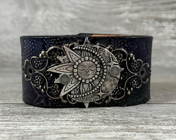 Sun & Moon Celestial Leather Cuff Bracelet - Hand Stamped and Dyed One ...