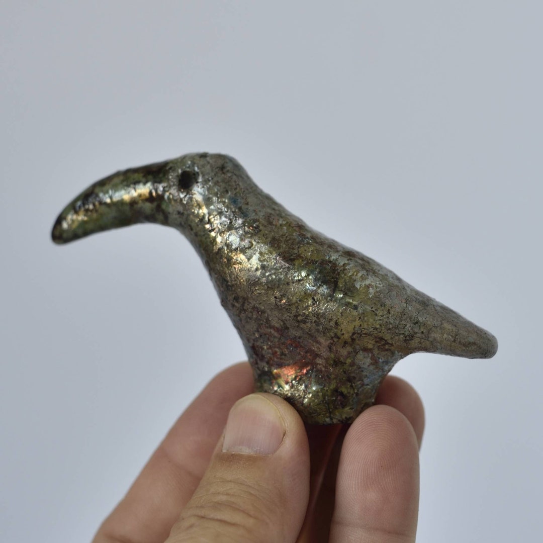 Ceramic Gray Raven With a Green and Brown Shiny Beak. Bird Raku ...