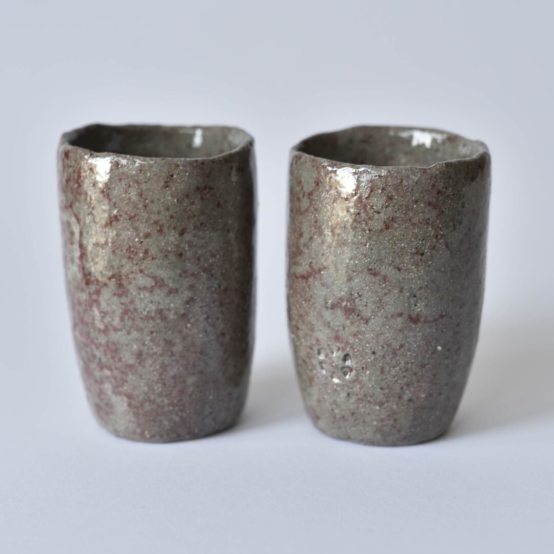 Handmade Raku Tea Cups, Warm Gray Ceramic With Burgundy Accents - Etsy