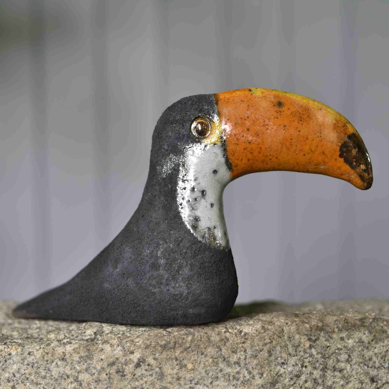 Raku Pottery Ceramic Dark Grey Bird Figurine With White Throat and ...