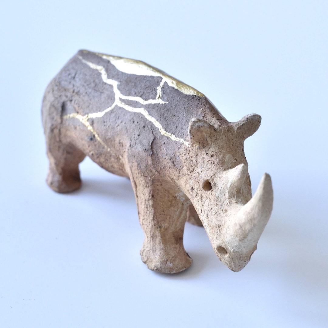 Rhino. Kintsugi. Ceramic Sculpture of a Rhino. Bisque and Kintsugi ...