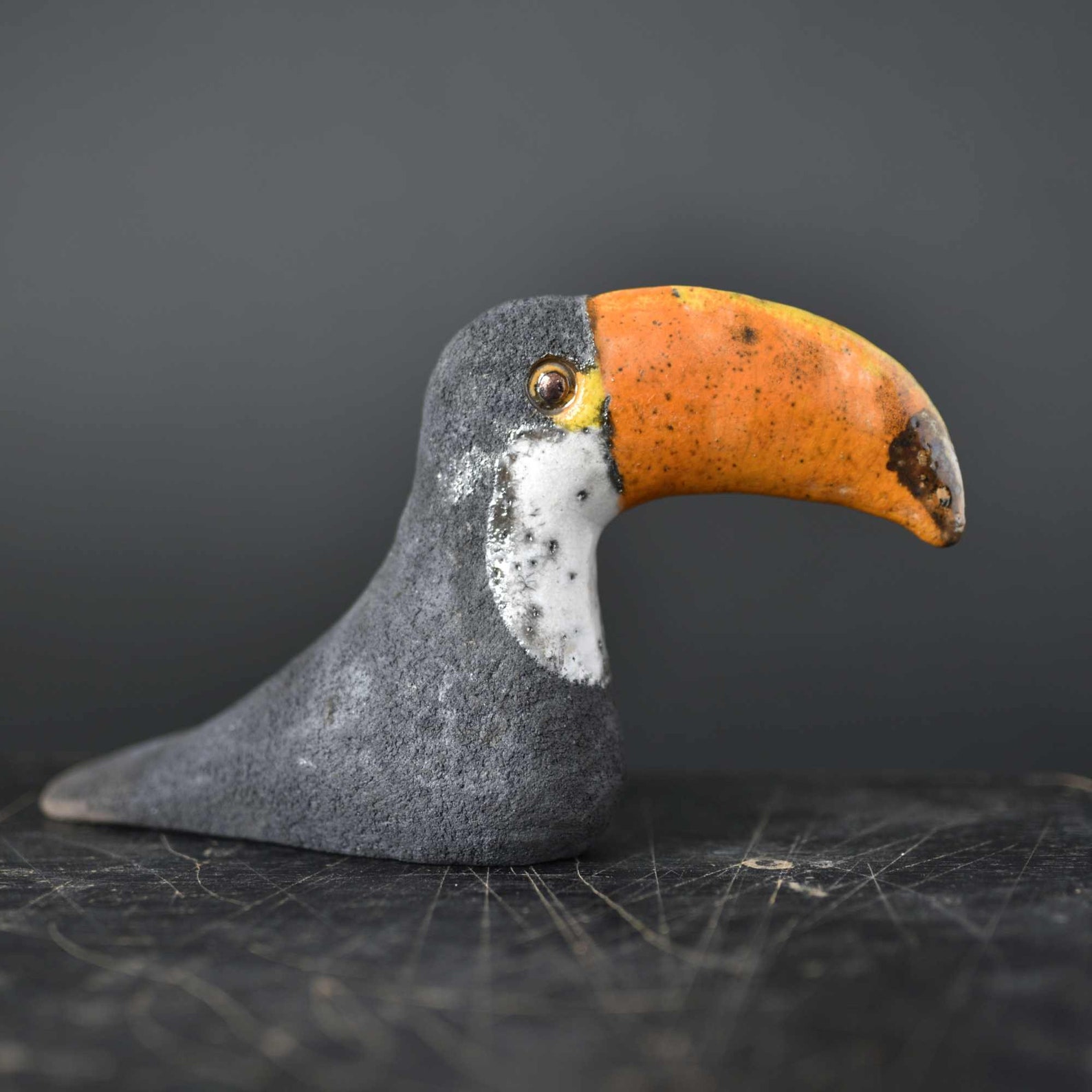Raku Pottery Ceramic Dark Grey Bird Figurine With White Throat and ...