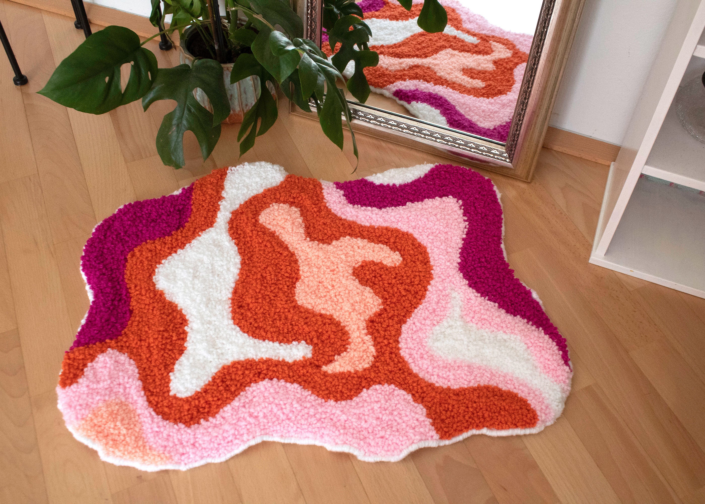 Rugs squiggles flowers & smiley faces punch needle abstract mini oval ...