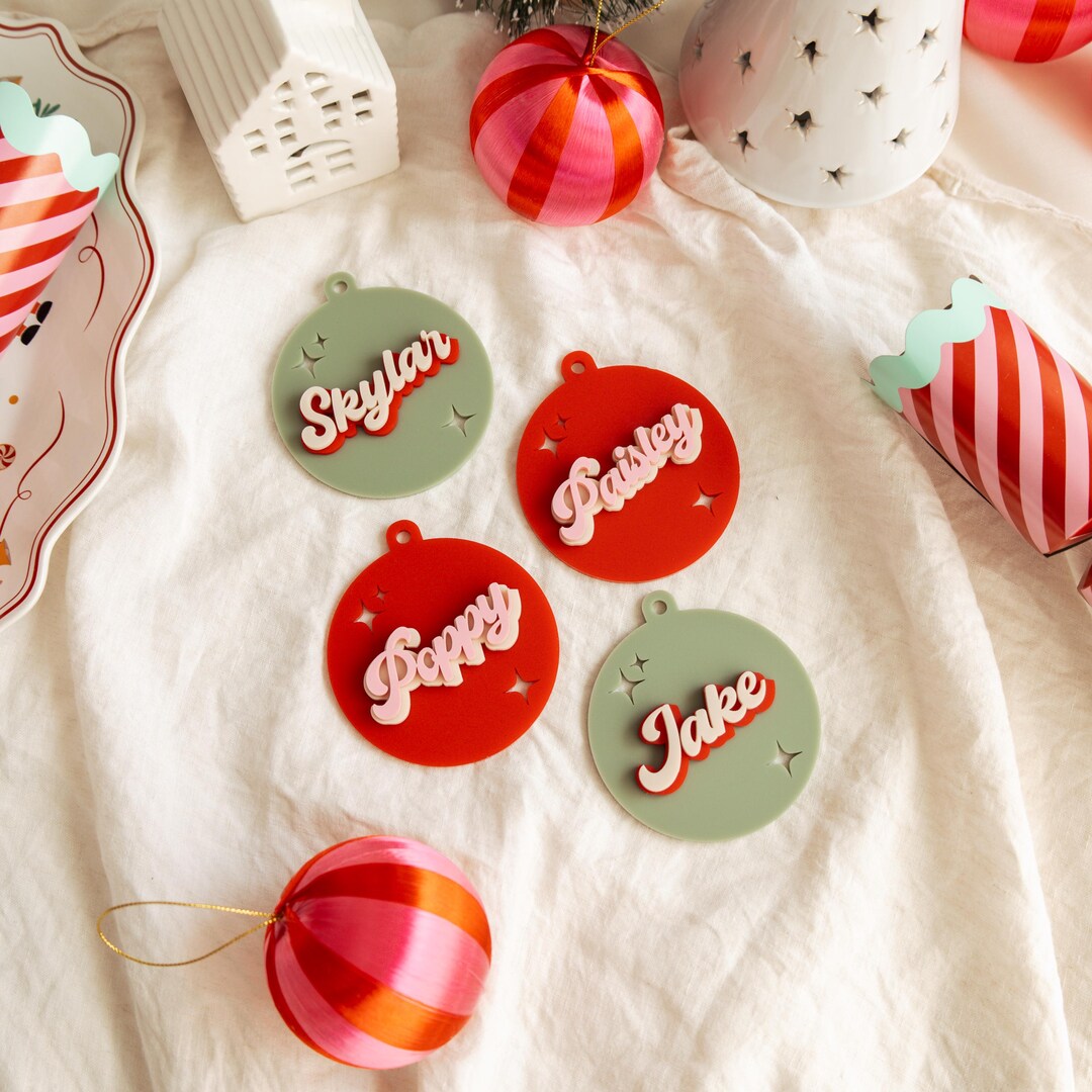 Personalised Acrylic Name Bauble, Retro Christmas Tree Ornament, Custom ...
