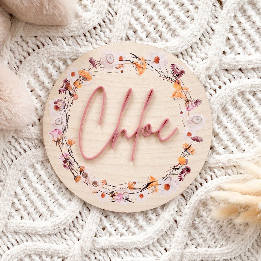 Floral Name Plaque | Birth Announcement Sign | Baby Arrival Plaque ...