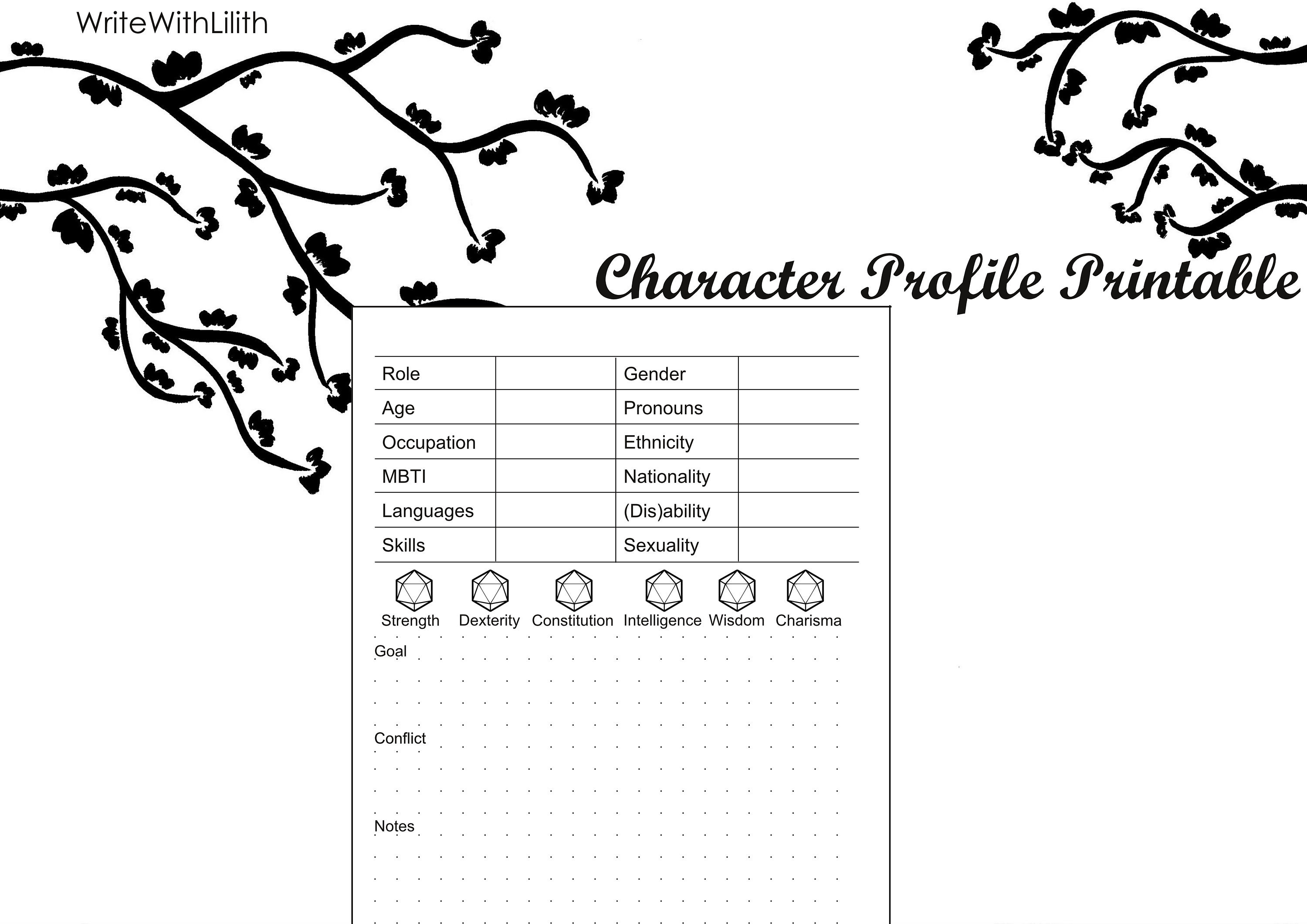 Character Profile Printable for Bullet Journals and Traveler's Journal ...