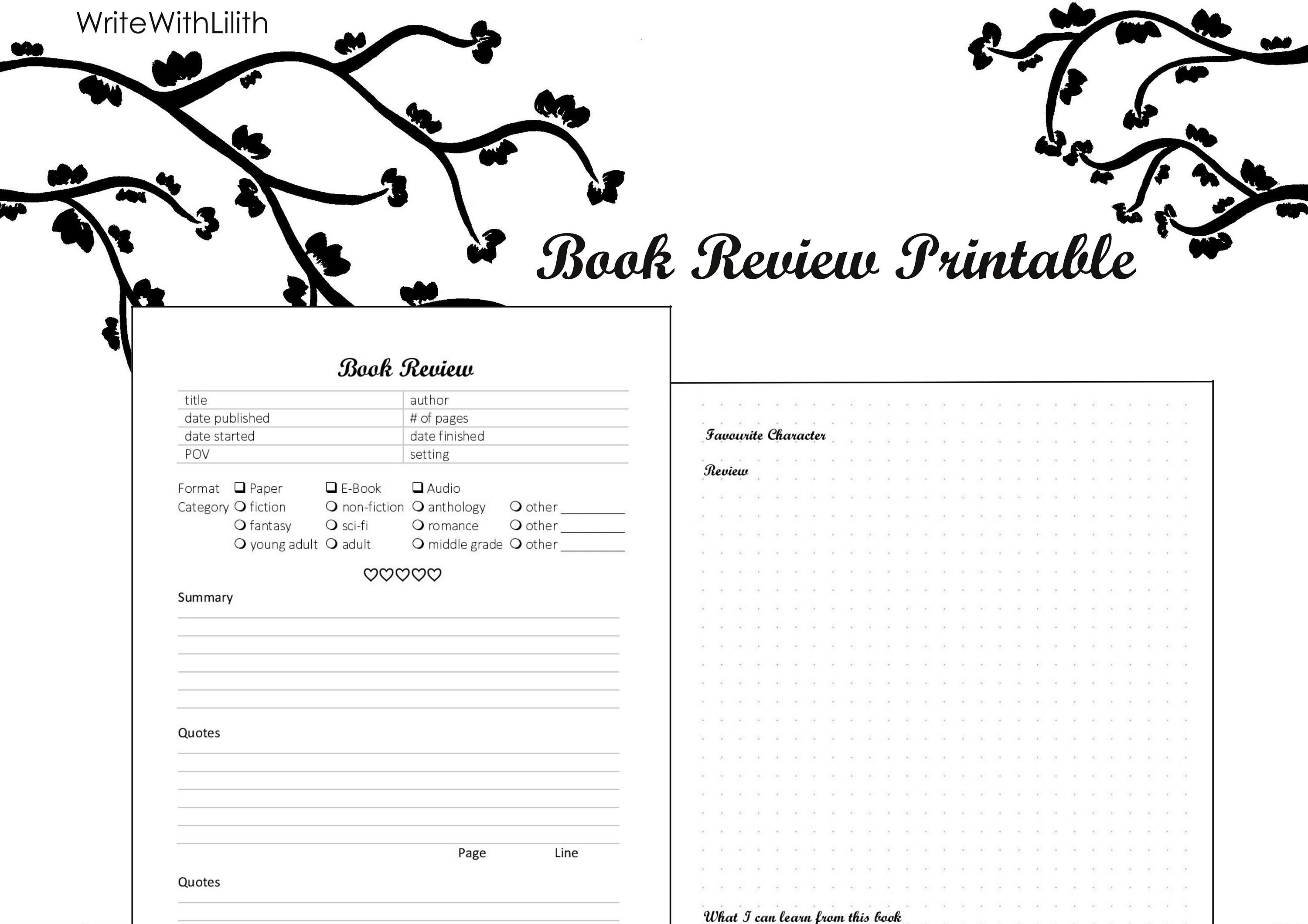 Book Review Printable for Bullet Journals and Traveler's Journal - Etsy