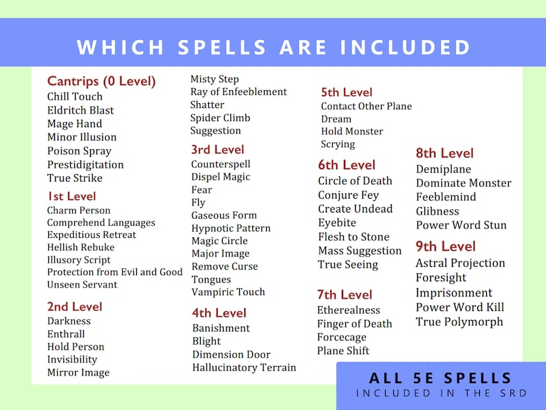 All 5E Spells | Warlock Spell Cards | Dnd 5e | Full Colour | Printable - Etsy